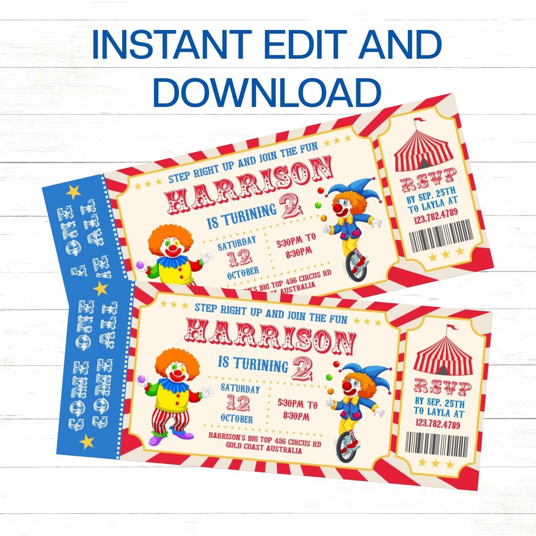 Editable Carnival Ticket Birthday Invitation Template Clown Birthday ...