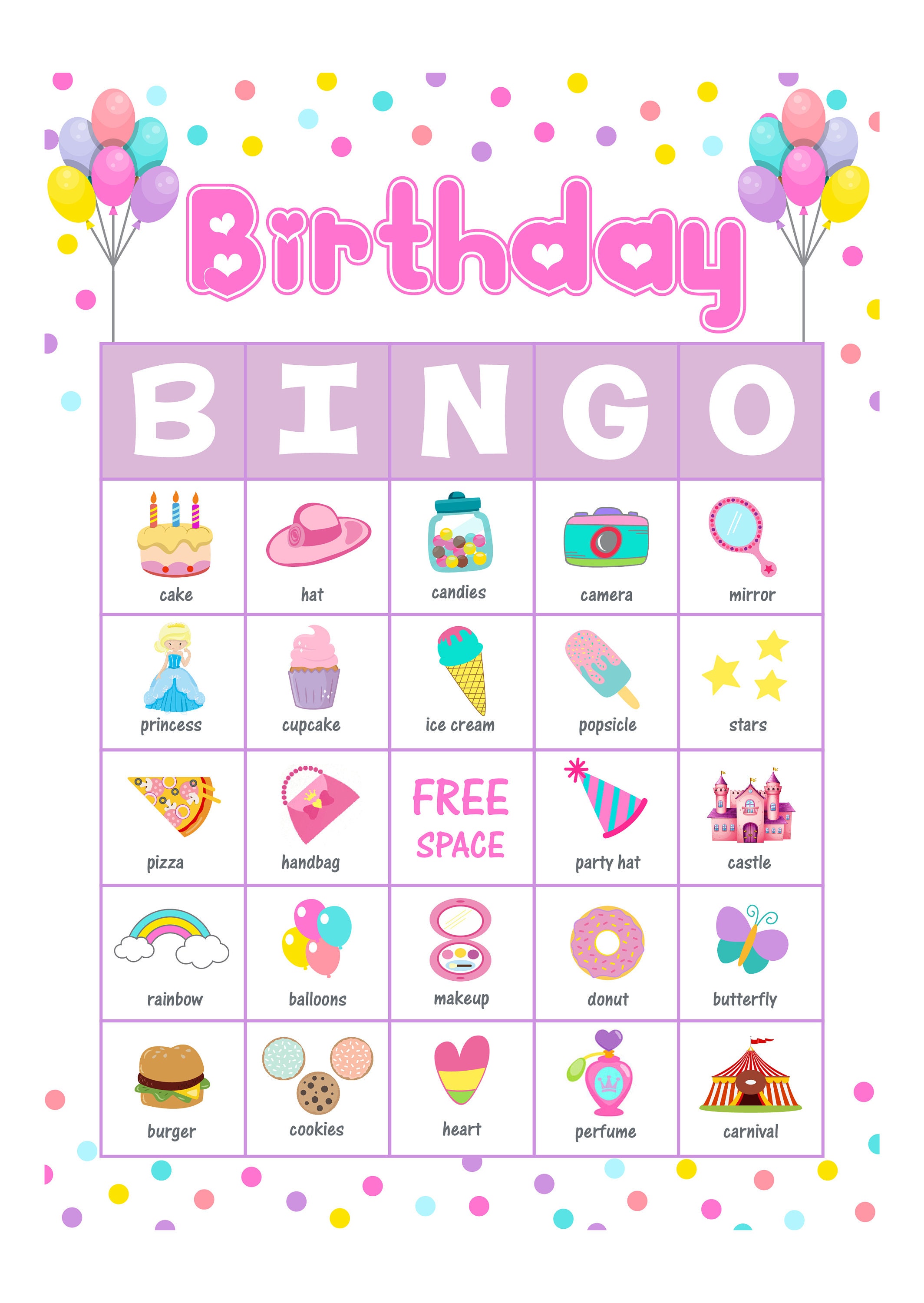 Girls Bingo Game Instant Bingo Printable Bingo Game Easy 5 in a Row Win ...