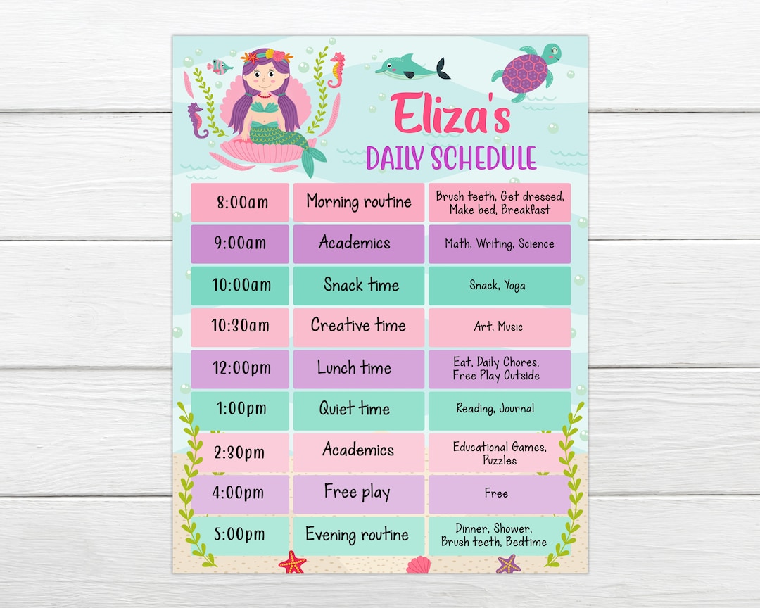 Instant Printable Mermaid Schedule Chart Editable Daily Schedule Chart ...