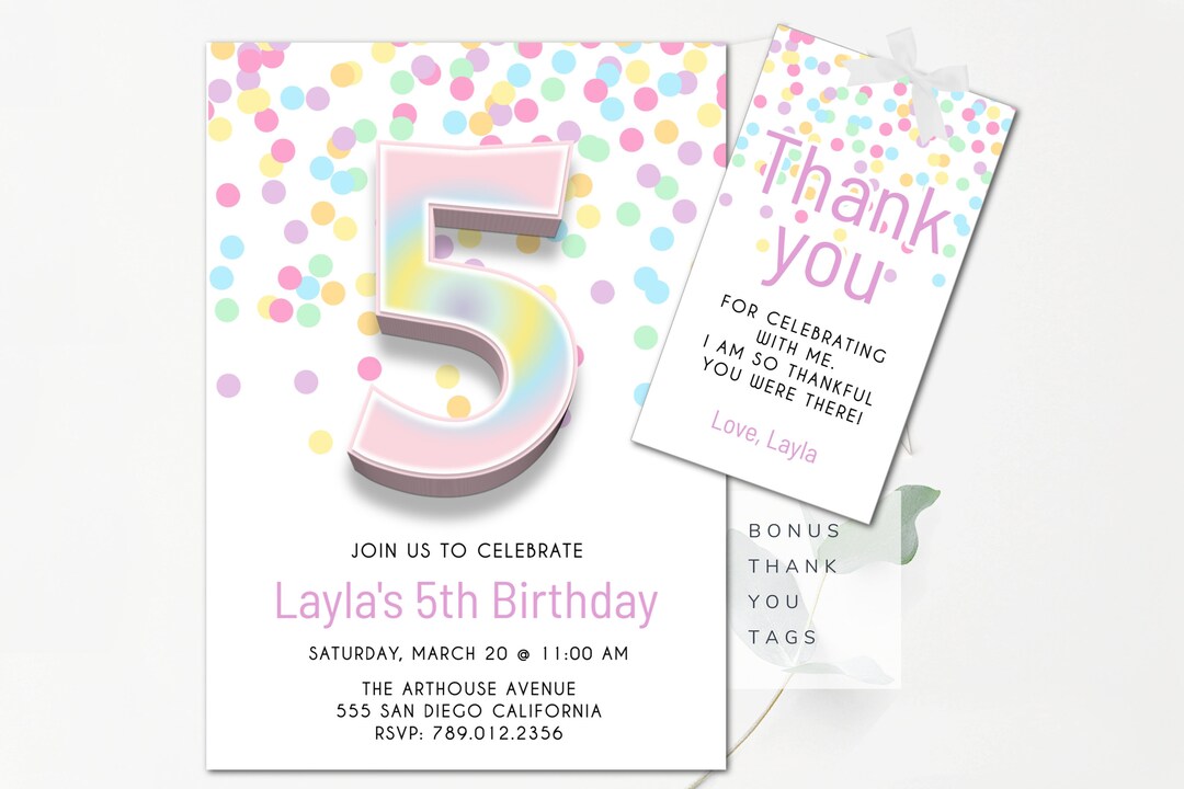 5th Birthday Invitation Editable Girls Fifth Birthday Confetti ...