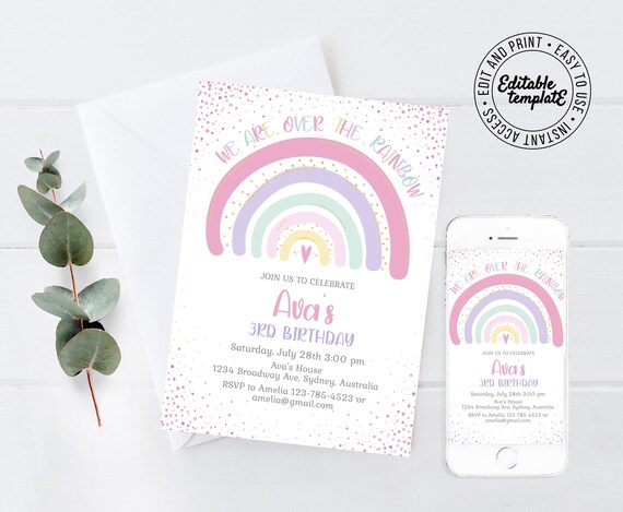 Editable Rainbow invitation, Rainbow Birthday Invitation, Over the ...