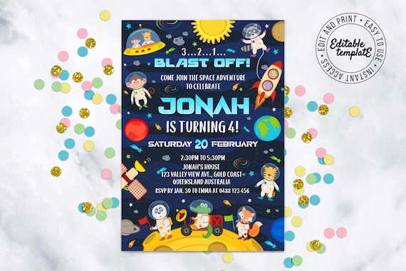 Editable Outer Space Birthday Invitation Template, Planets Rocket Ship ...