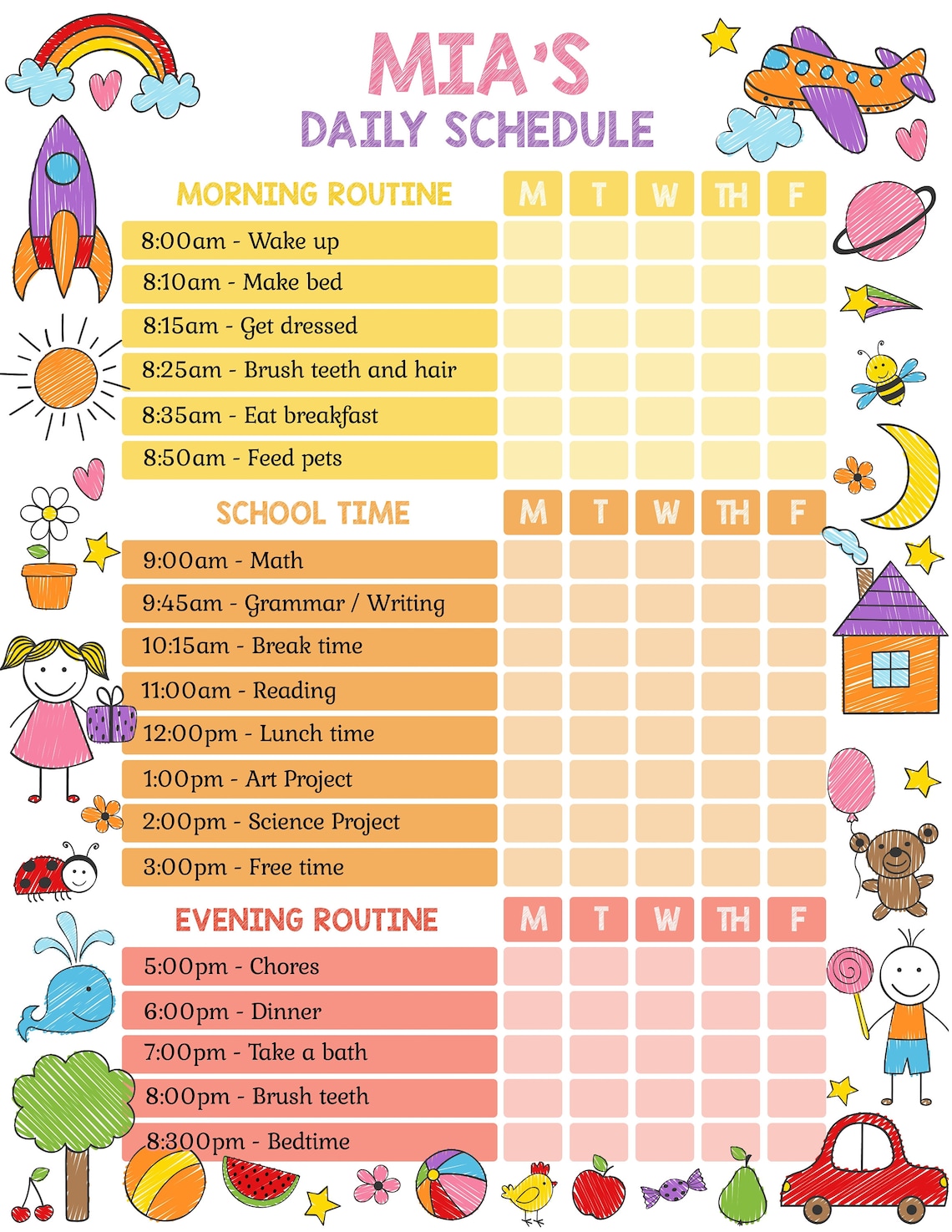 KIDS EDITABLE Daily Schedule Chart PERSONALISE Save and Print | Etsy ...
