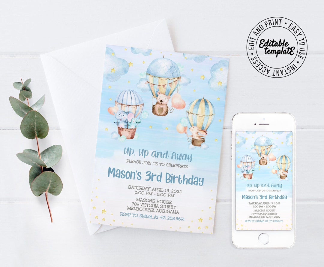 Hot Air Balloon Birthday Invitation Editable Blue Hot Air Balloon ...