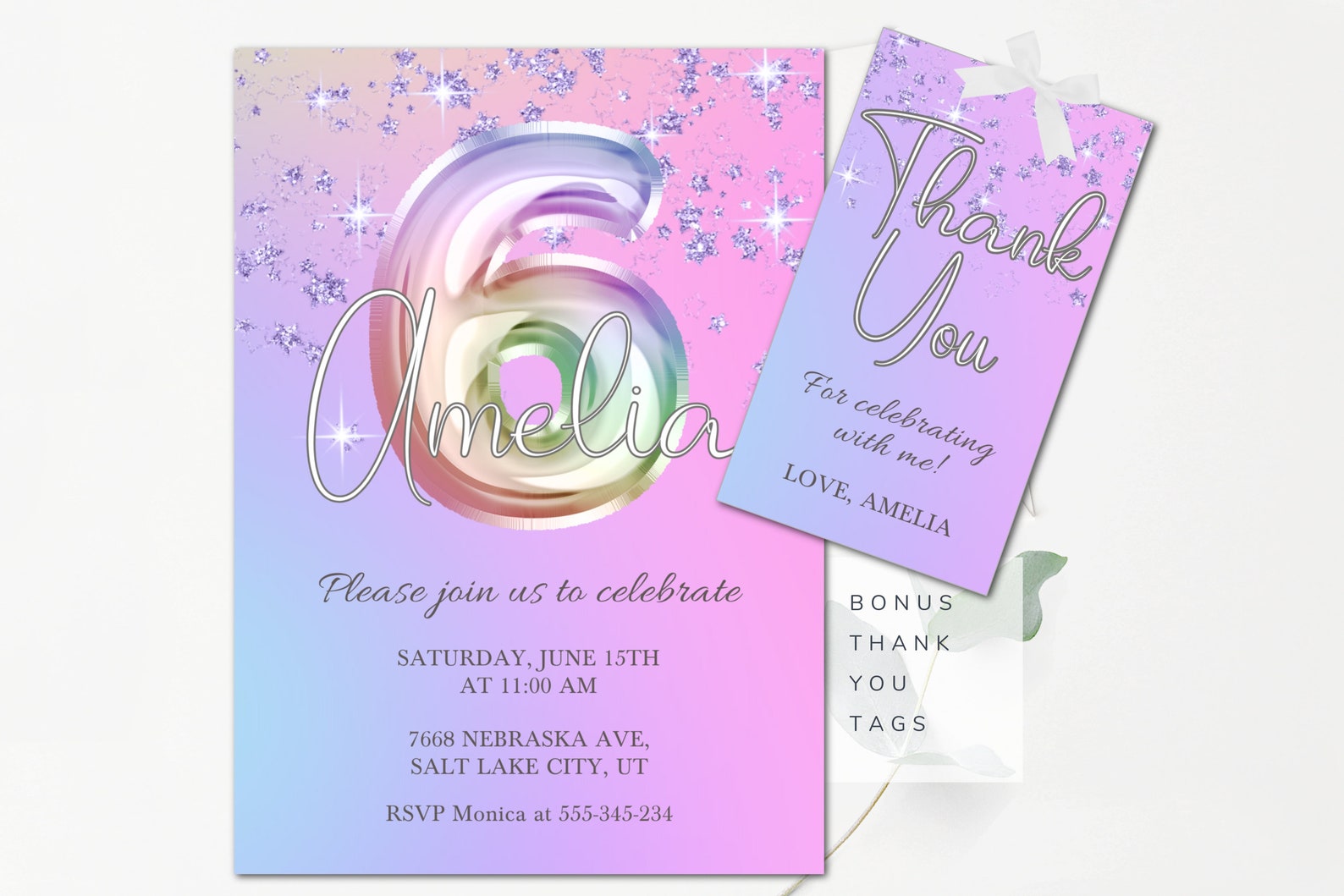 6th Birthday Invitation Rainbow Glitter Sixth Birthday Invitation ...