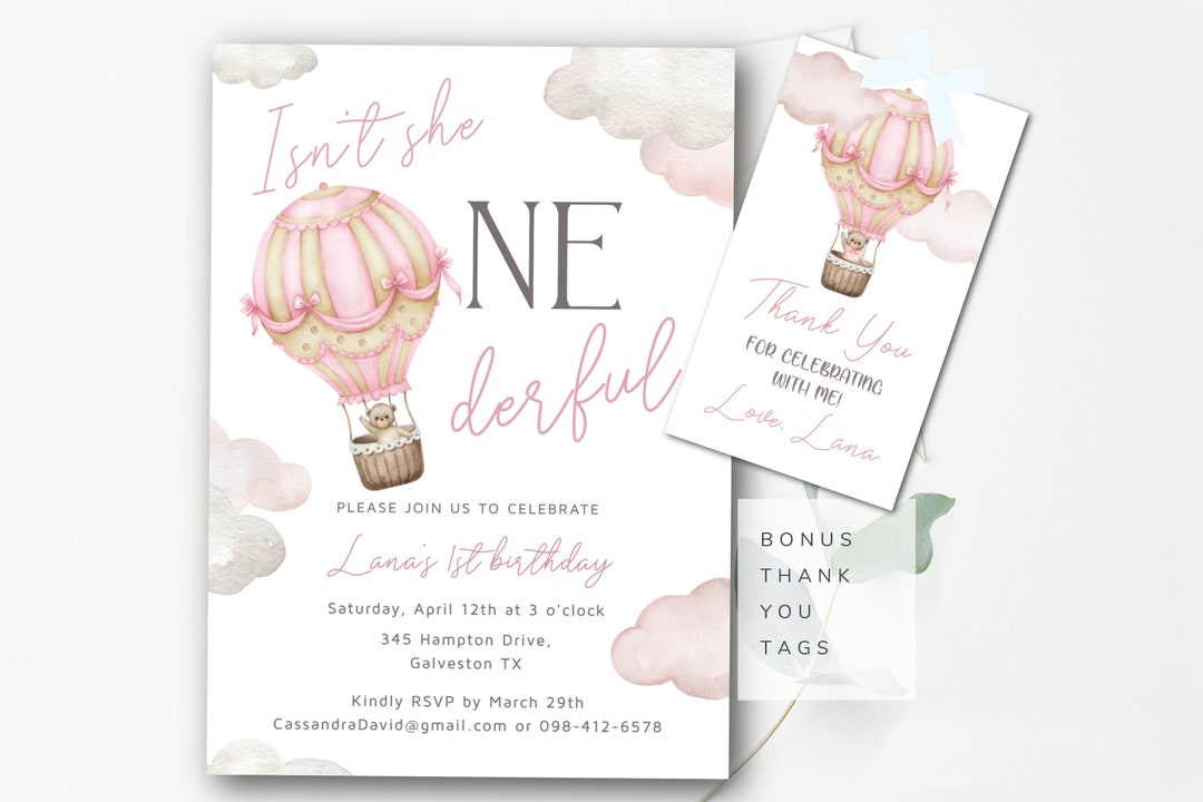 Editable Hot Air Balloon Birthday Invitation Bear Pink Hot Air Balloon ...