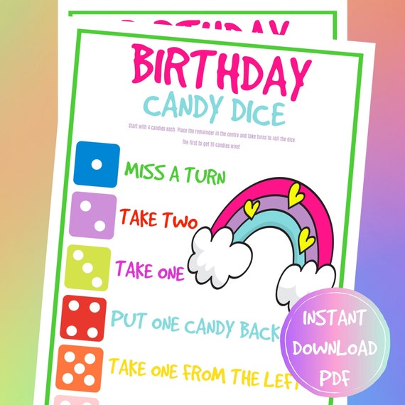 Kids party game, Candy Dice Game - Instant print candy dice game ...