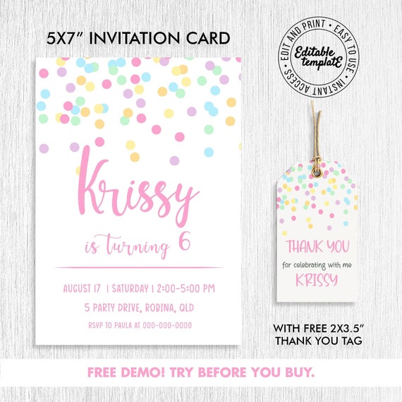 Editable Confetti Invitation, Confetti Birthday Invite, Sprinkles ...