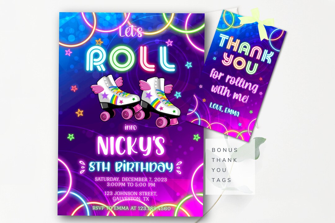 Editable Roller Skating Invitation Glow Party Birthday Invitation Glow ...