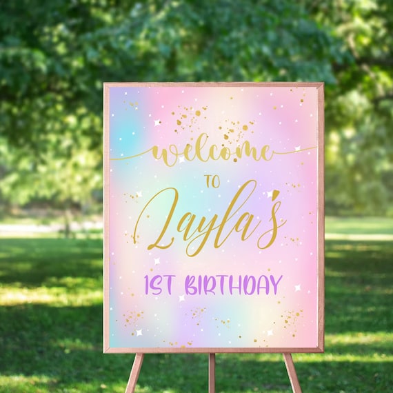 Editable rainbow pastel birthday party welcome sign, Editable pastel ...