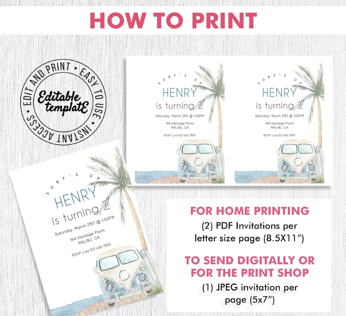 Editable Surfs up Invitation Surfer Birthday Invitation Beach Life ...
