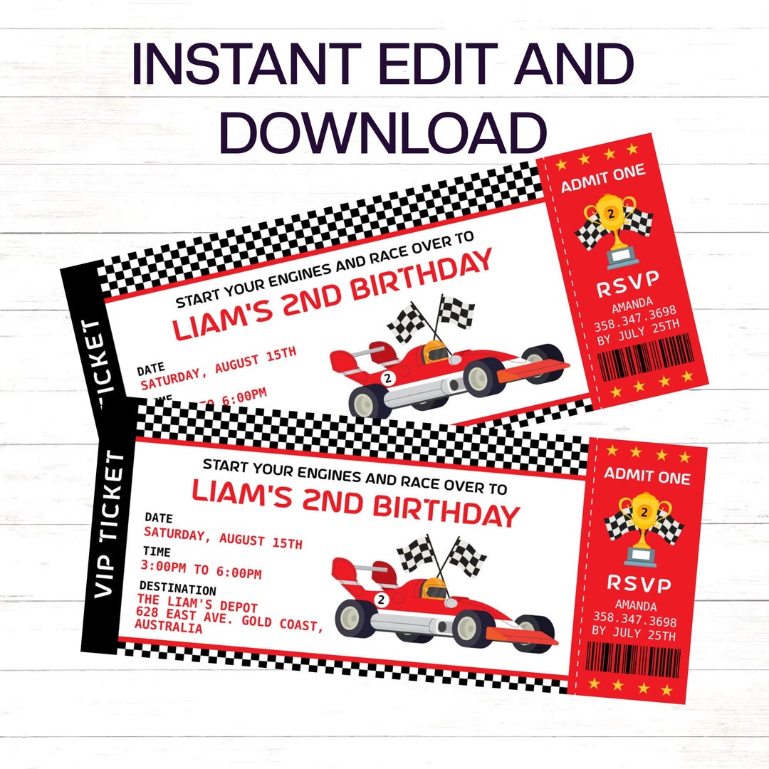 Car Racing Birthday Invitation Ticket Race Car Invitation Racing Car ...