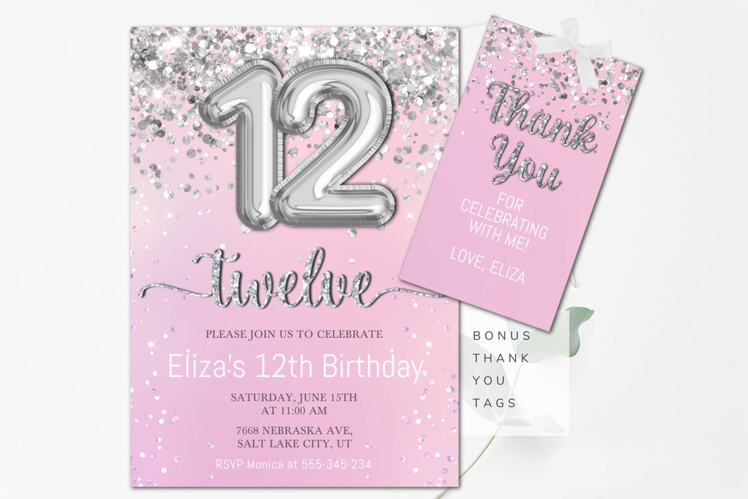 12th Birthday Invitation Template Girls Birthday Pink Invitation ...