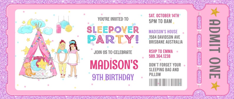 Birthday Ticket Invitation Ticket Sleepover Birthday | Etsy