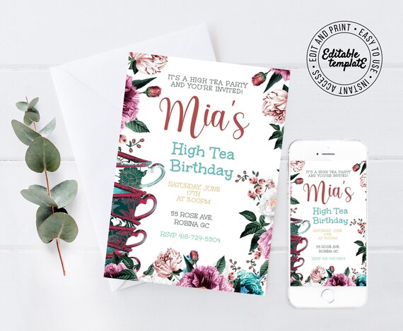 EDITABLE High Tea Party Invitation, High Tea Birthday Party Invitation ...