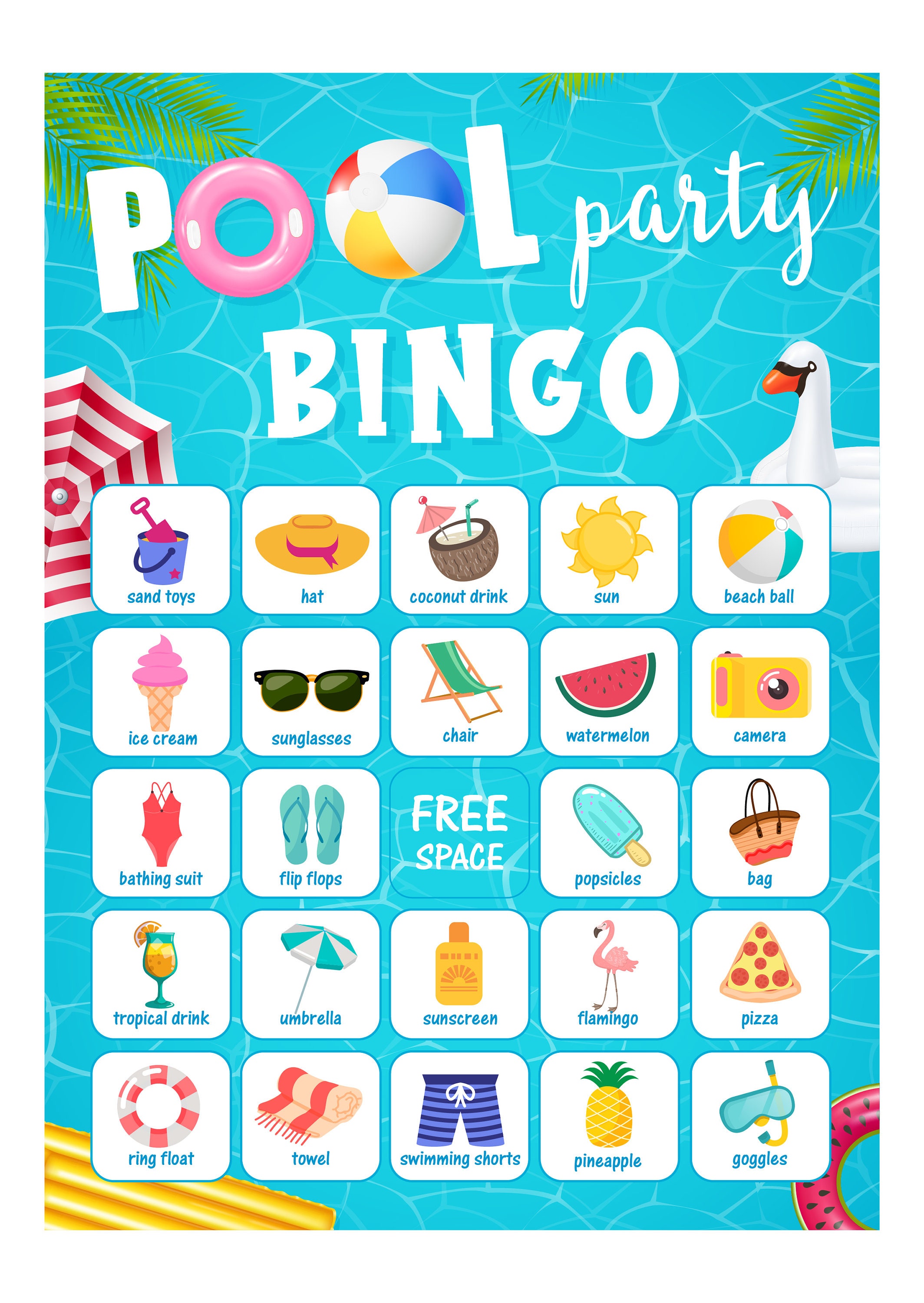Pool Party Bingo Game Printable Bingo Game Printable Games for Kids ...