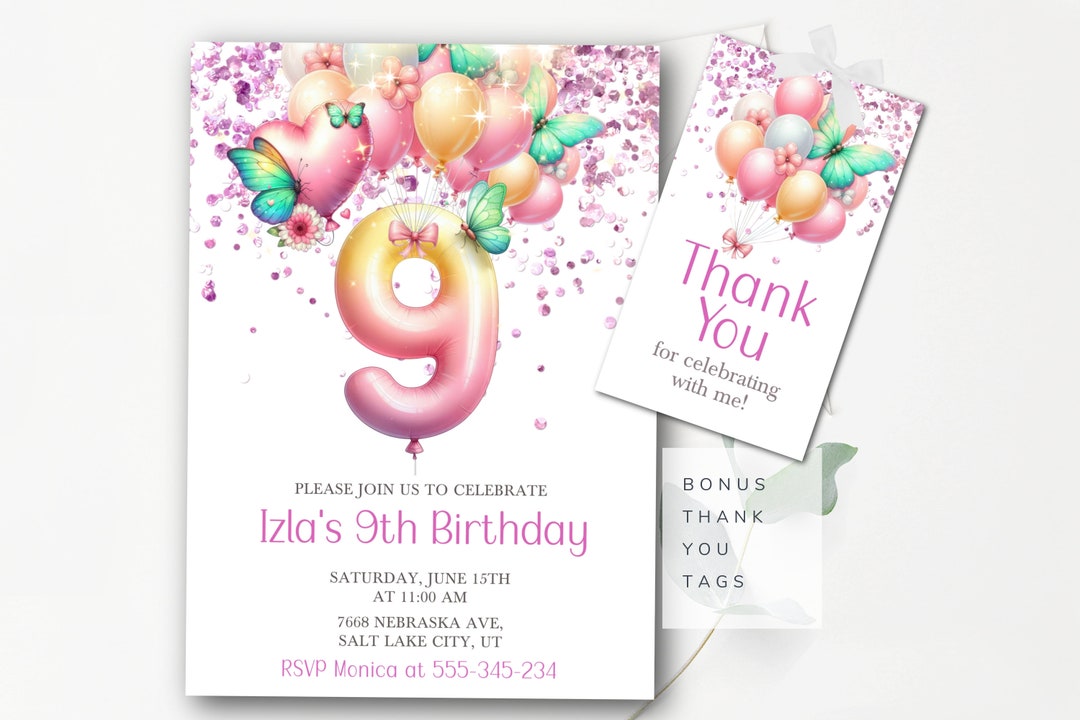 Editable 9th Birthday Invitation Template Girls Glitter Birthday Invite ...