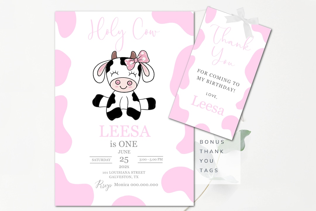 Girls Cow Invitation Pink Cow Birthday Invitation Holy Cow Invitation ...