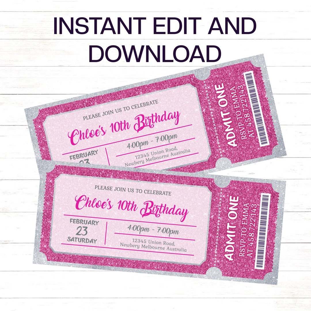 Pink Glitter Birthday Invitation, Pink Glitter Birthday Ticket ...