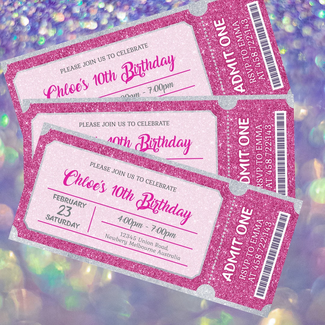 Girls Birthday Invitation Ticket Pink Glitter Birthday - Etsy