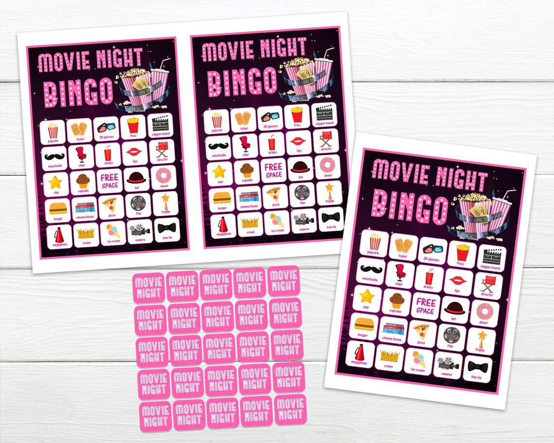 Movie Night Games Movie Night Bingo Game Printable Birthday Bingo Game ...