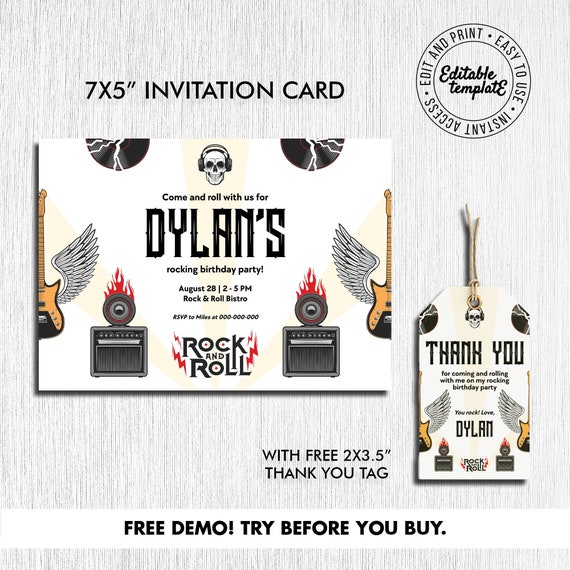 Rock n Roll Birthday Party 7x5" Invitation with free matching Thank You ...