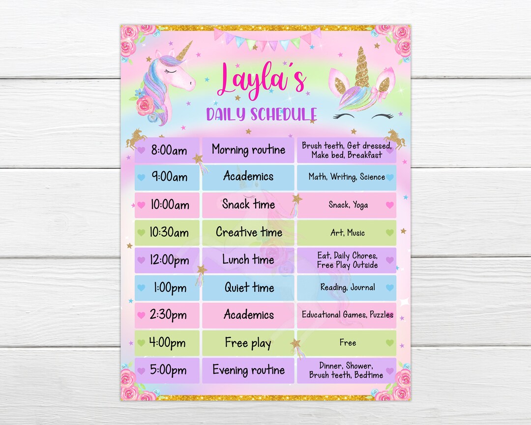 Editable Girls Homeschool Chart, Editable Daily Schedule Chart, Unicorn ...