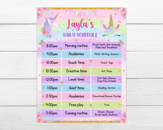 Editable Girls homeschool chart, Editable Daily schedule chart, Unicorn ...
