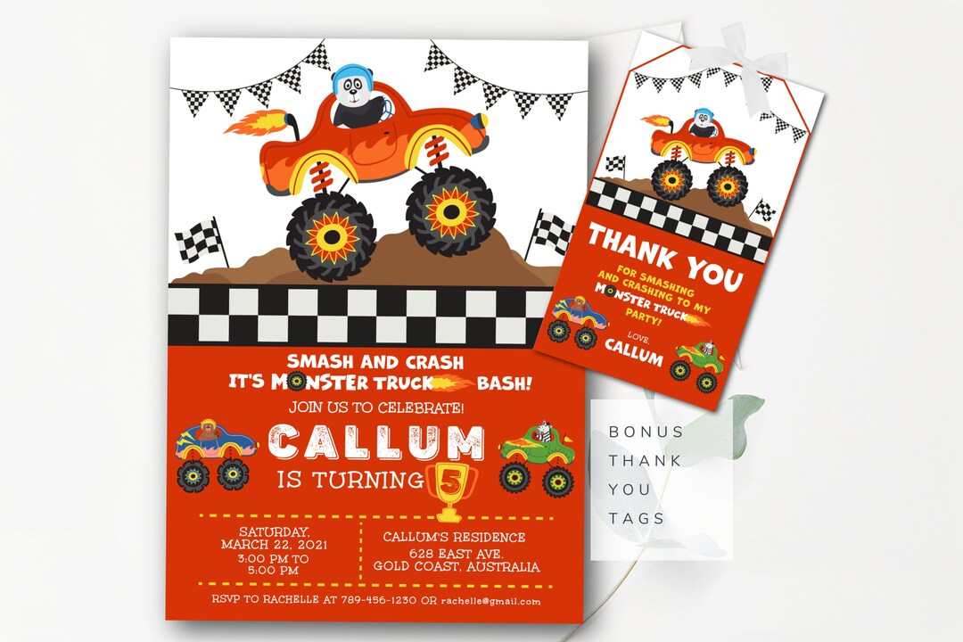 Plantilla de invitación de cumpleaños de Monster Trucks Invitación de ...