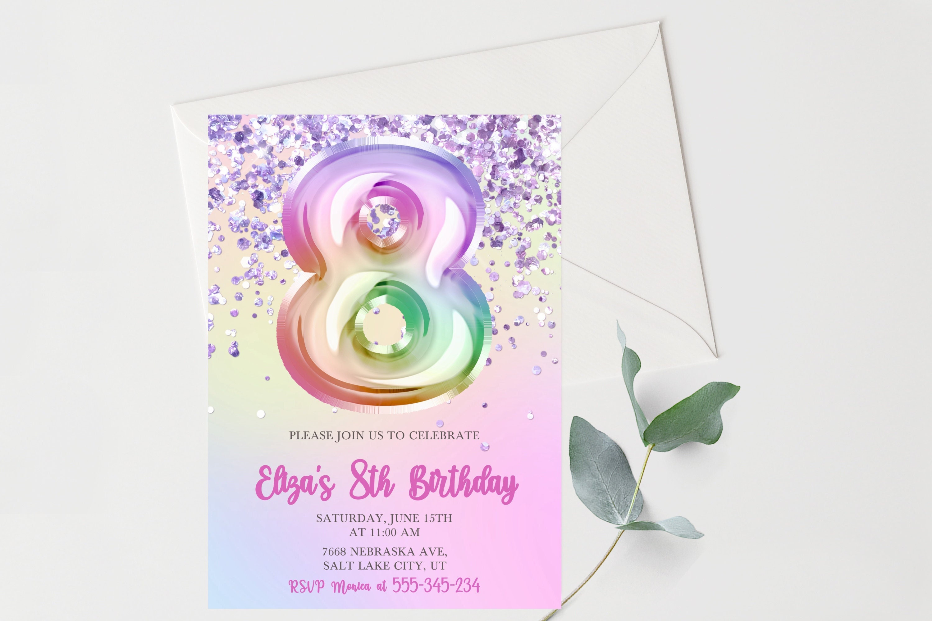 Editable 8th Birthday Invitation Glitter Eighth Birthday Invitation ...
