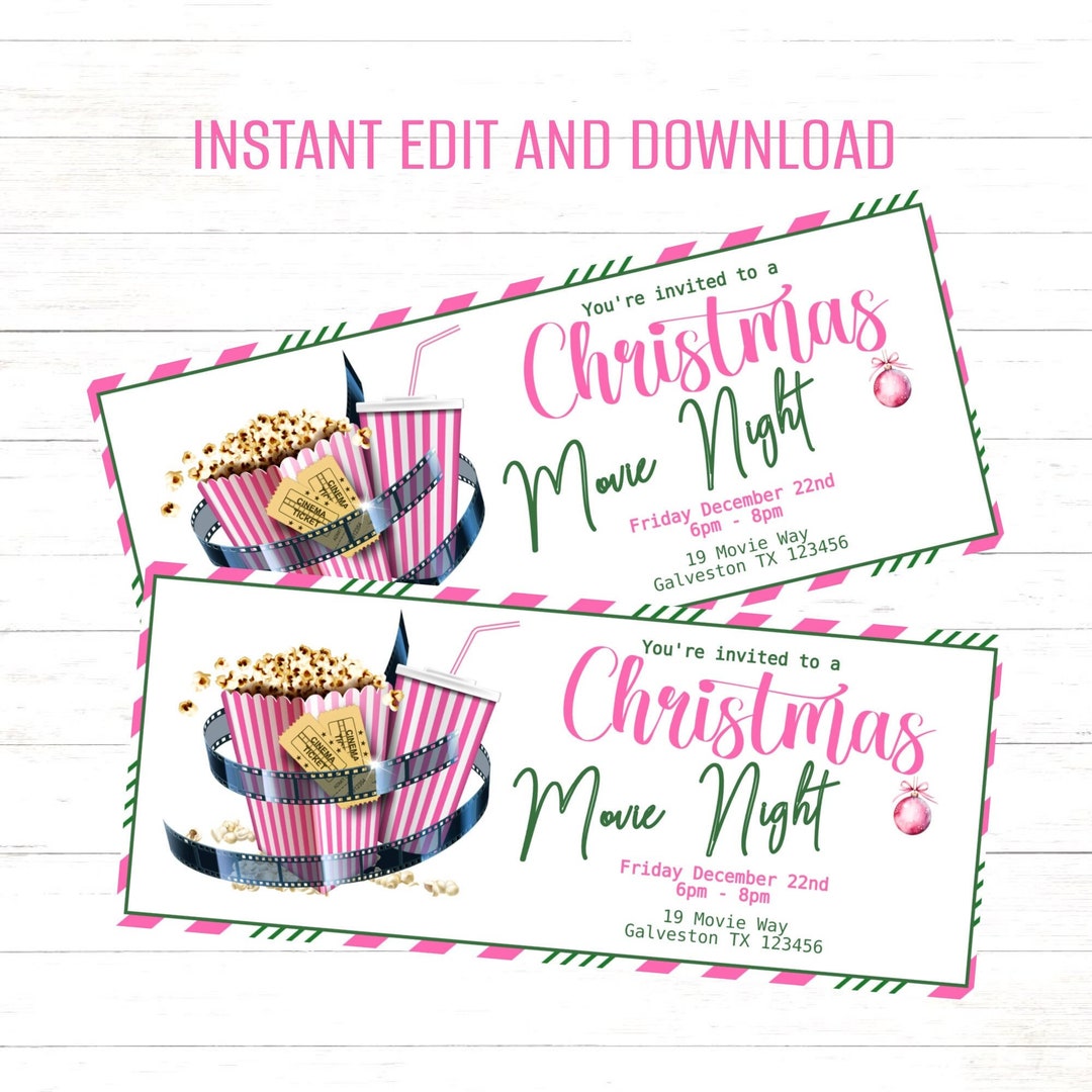 Christmas Movie Ticket Invitation Template Editable Christmas Movie ...