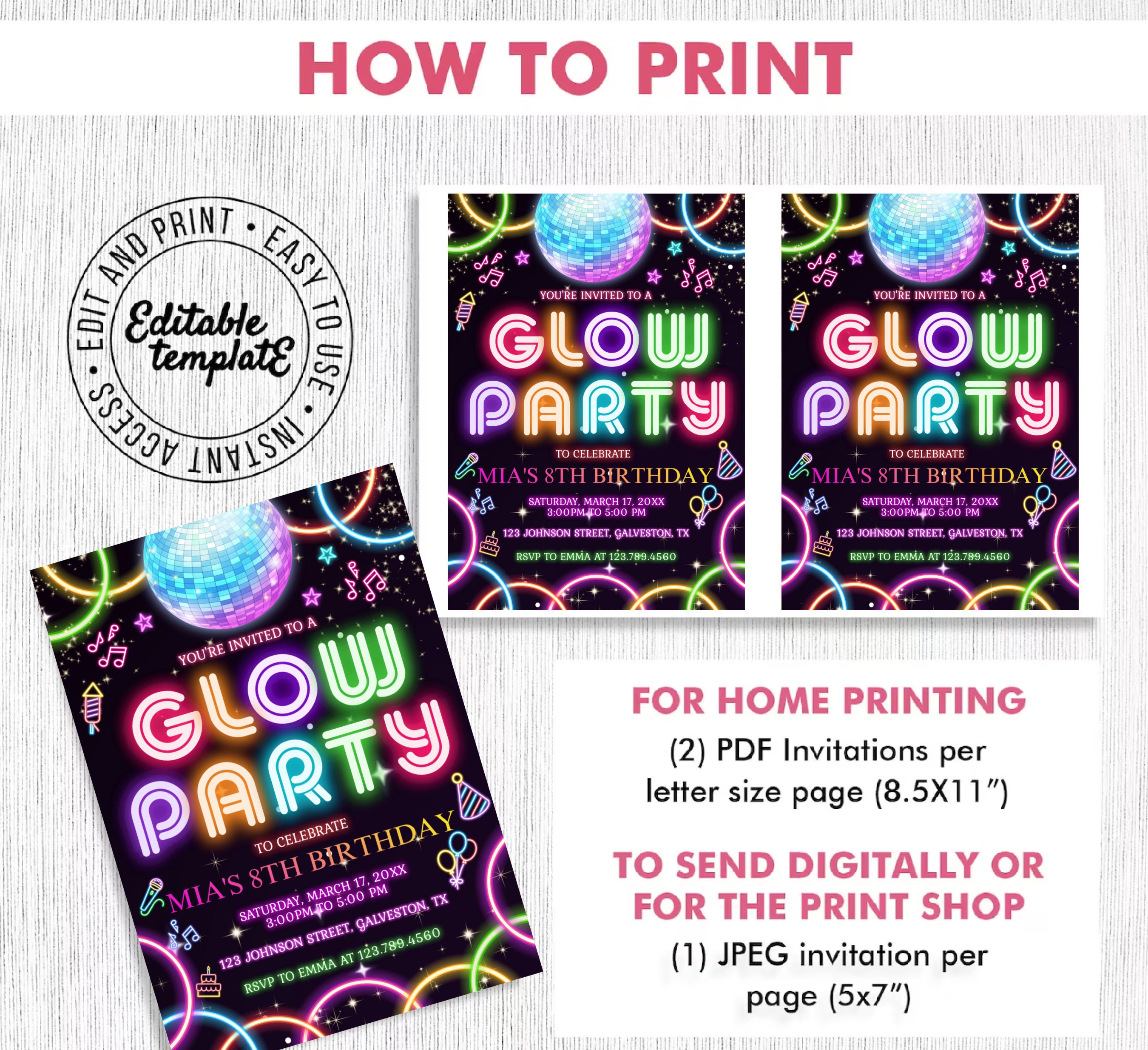 Glow Birthday Invitation Template Glow Neon Invitation Glow Party ...