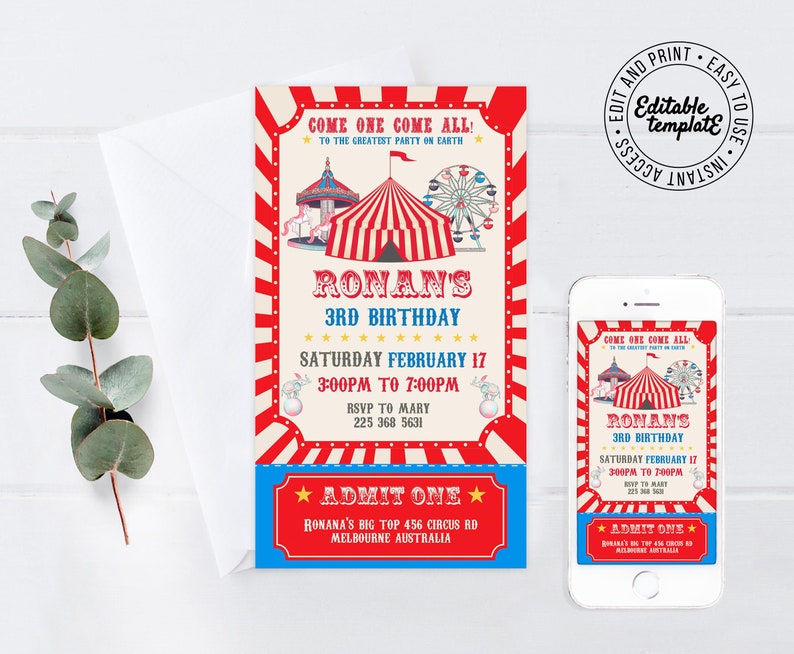 Editable Circus Ticket Invitation Circus Invitation Template - Etsy