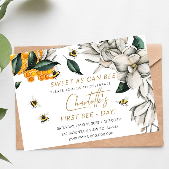 EDITABLE First Bee Day Invitation Bee 1st Birthday Invitation Honeybee ...