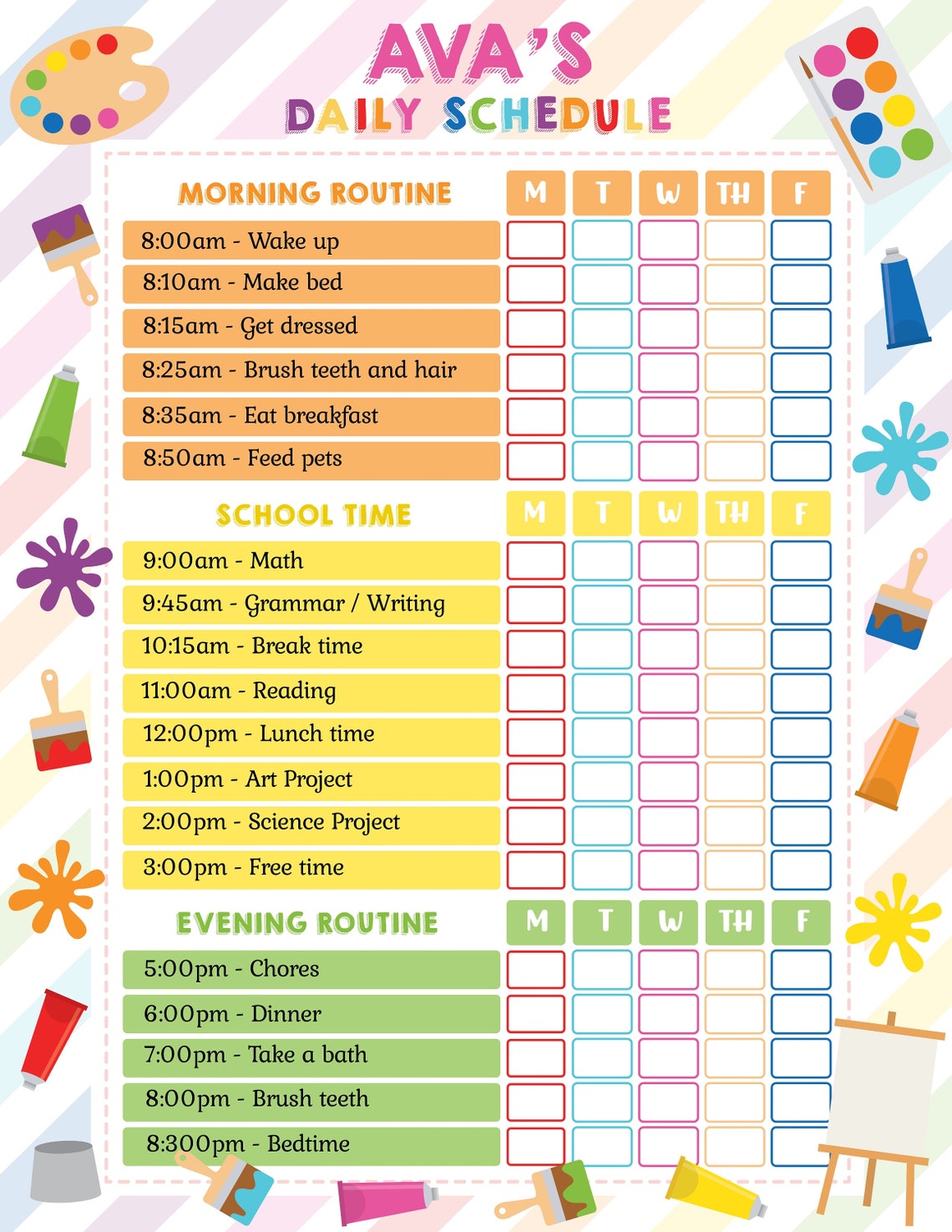 Editable Daily schedule chart Personalise save and print | Etsy