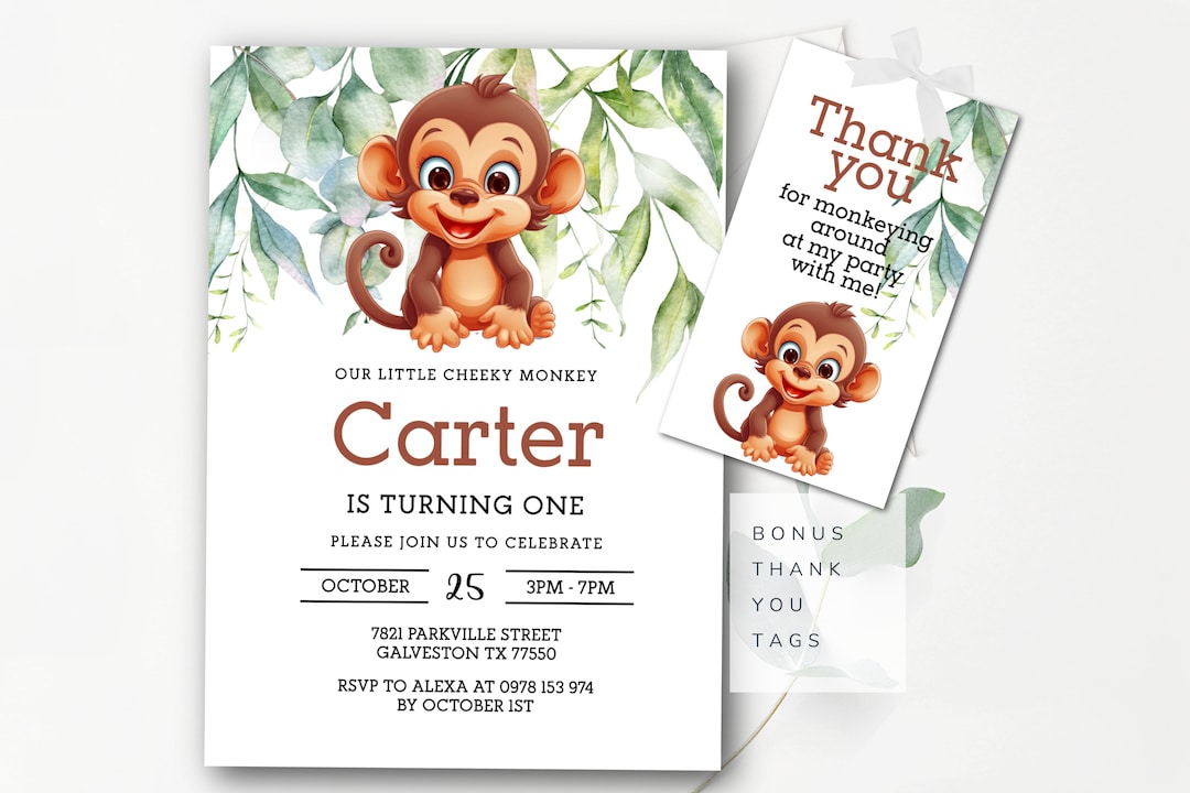 Editable Monkey Birthday Invitation Template Cheeky Monkey Invitation Baby Monkey Invite Monkey ...