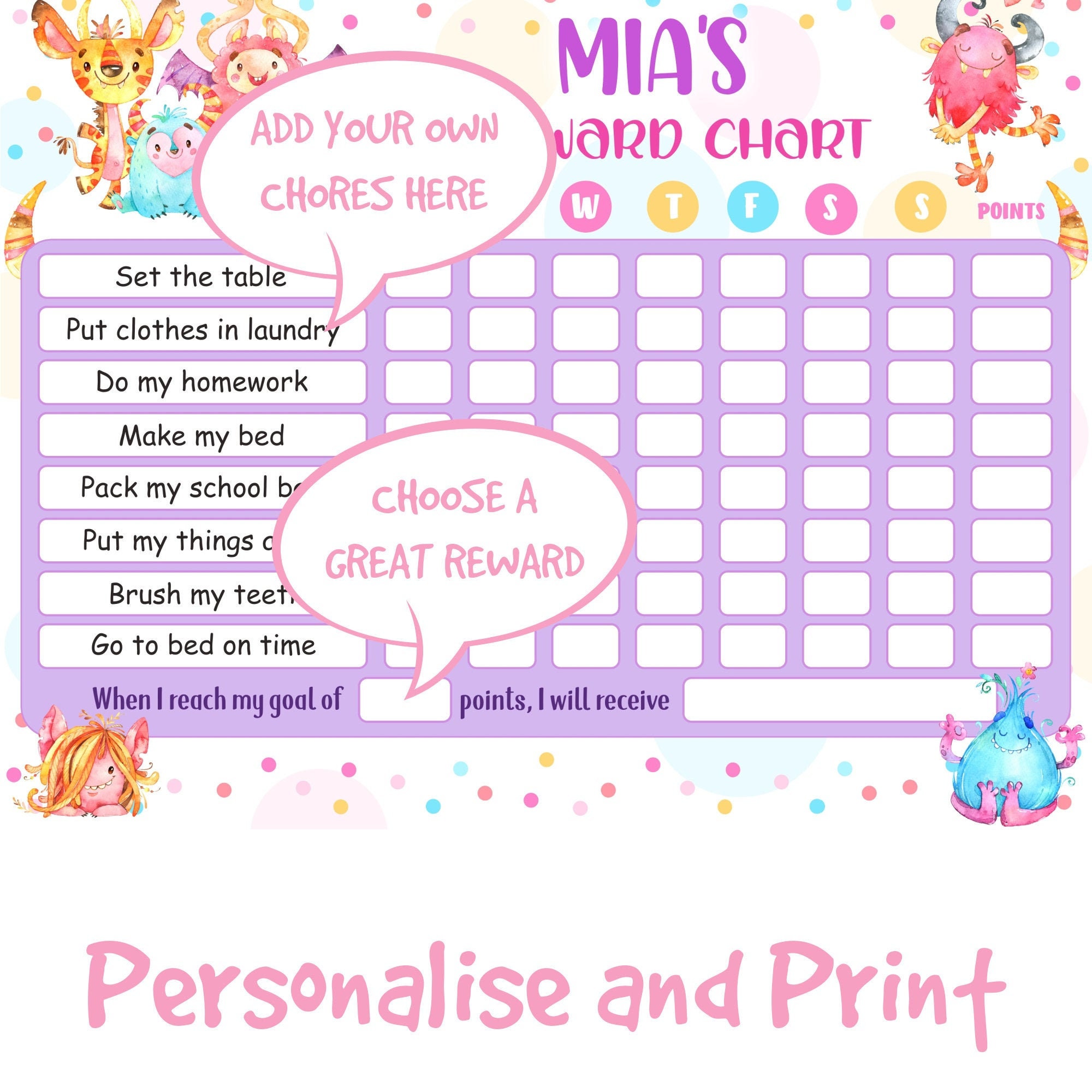 Editable Reward Chart Kids Editable Chore Chart Editable - Etsy