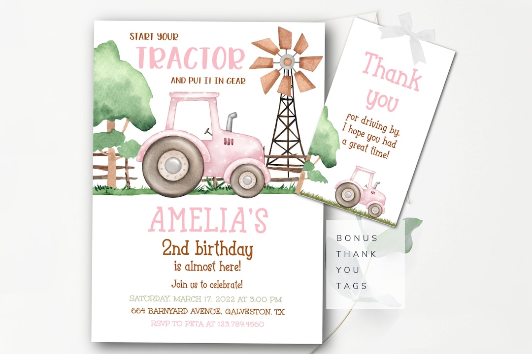 Editable Tractor Birthday Invitation Pink Tractor Invitation Girl Pink ...