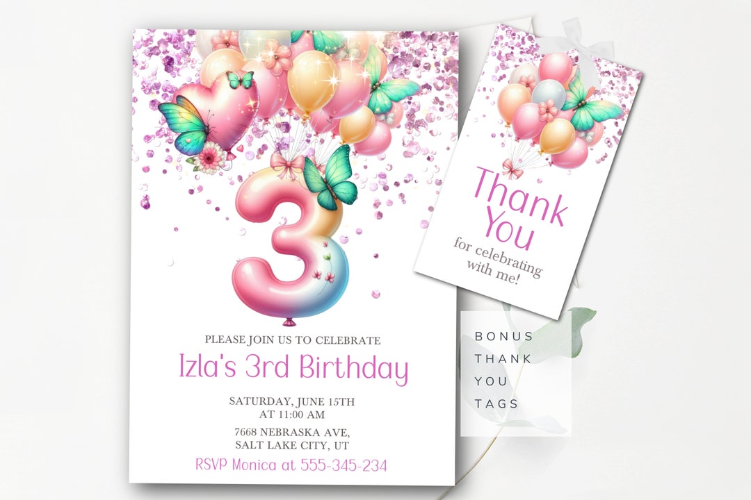 Girls Editable 3rd Birthday Invitation Template Glitter Third Birthday ...