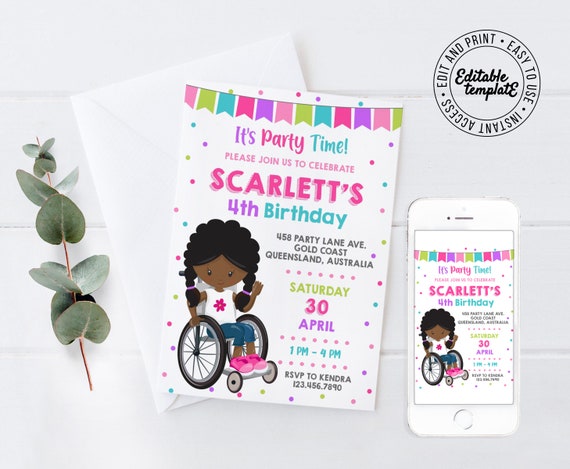 Wheelchair birthday invitation, disabled Invitation you edit yourself ...
