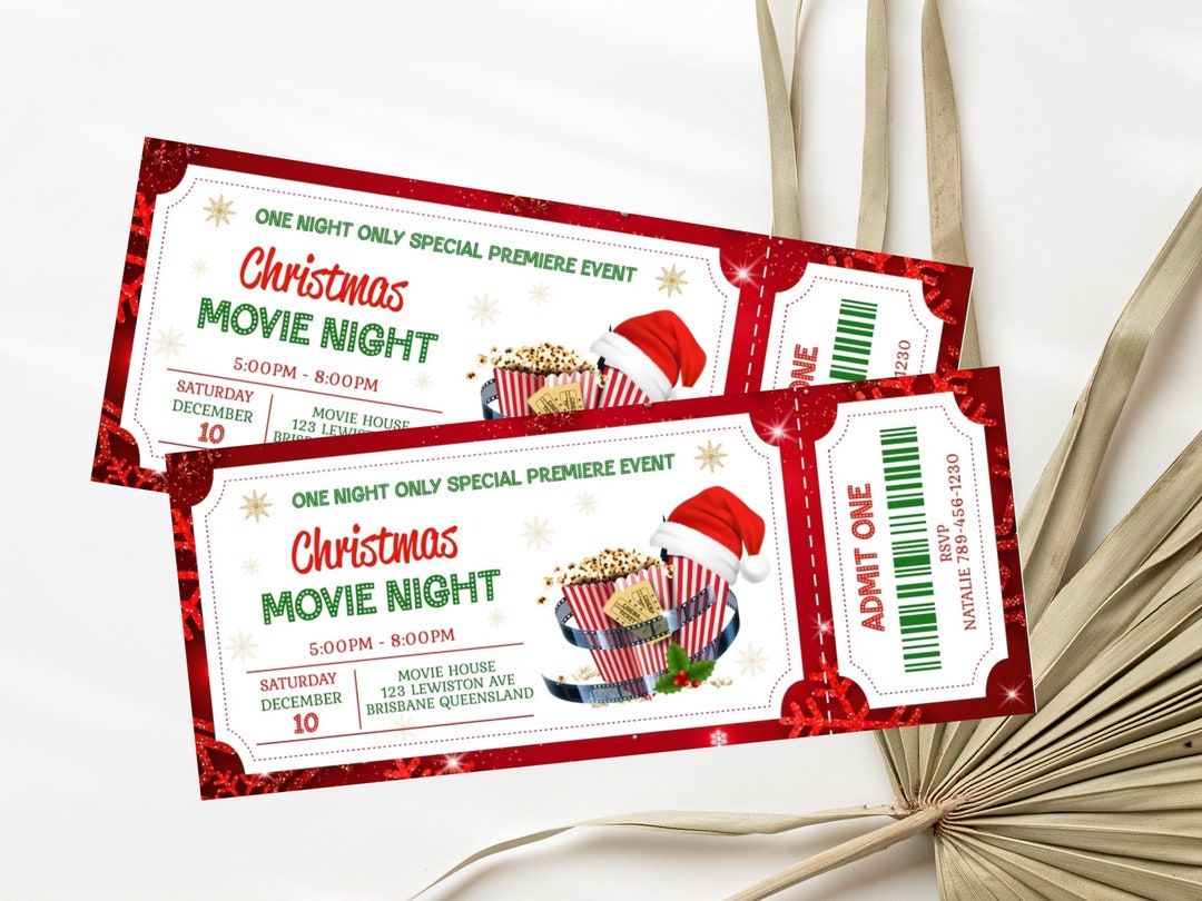 Christmas Movie Night Ticket Invitation Template Editable Xmas Movie ...