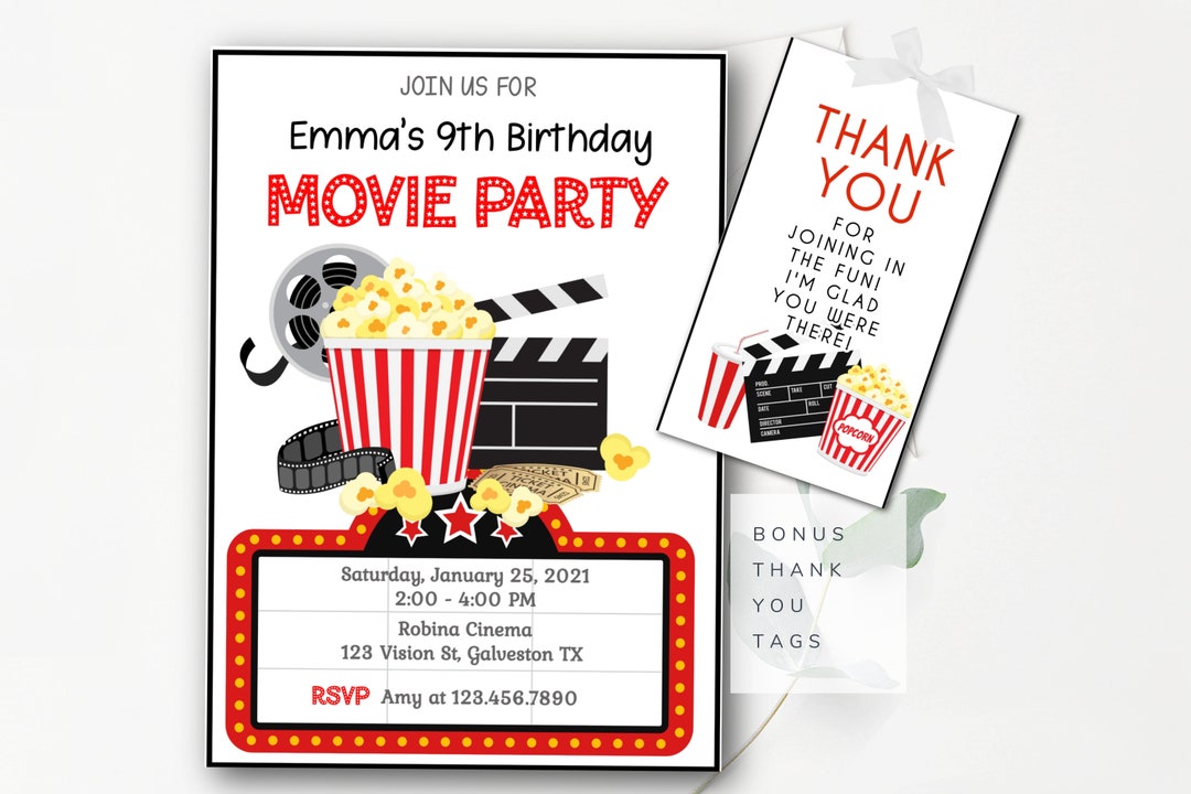 Movie Party Birthday Invitation Template Editable Movie Birthday Party ...