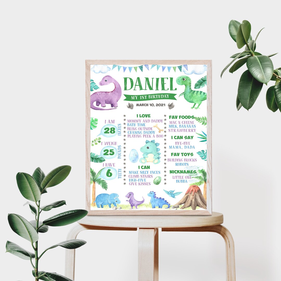Dinosaur First Birthday Milestone Poster, Dinosaur Birthday Party Board ...