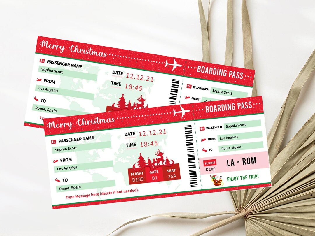 Surprise Christmas Flight Gift Card Printable Boarding Pass Voucher ...