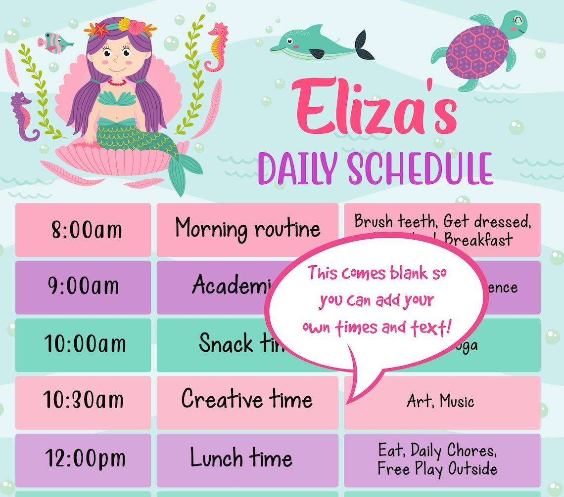 INSTANT Printable MERMAID Schedule Chart Editable Daily - Etsy