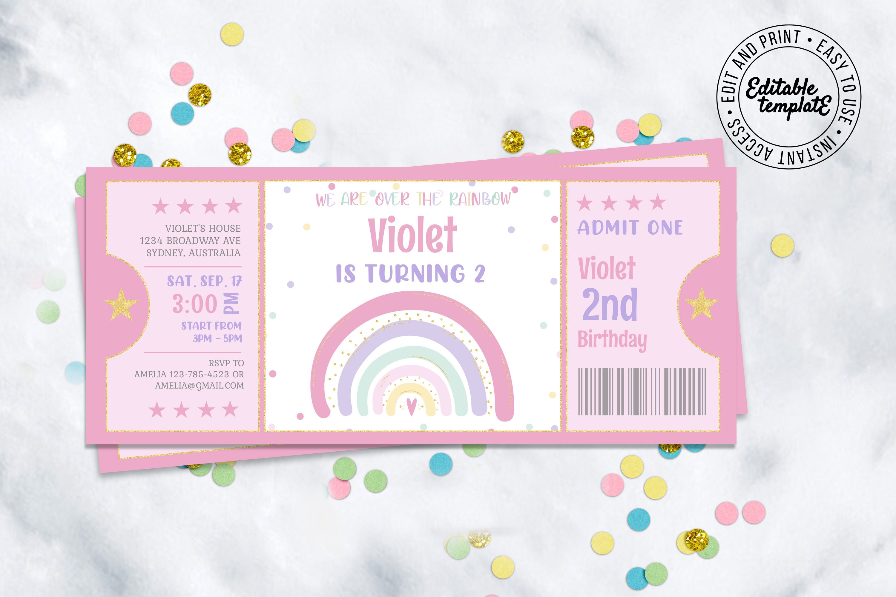 Rainbow Birthday Invitation Ticket Rainbow Birthday Invitation to Edit ...