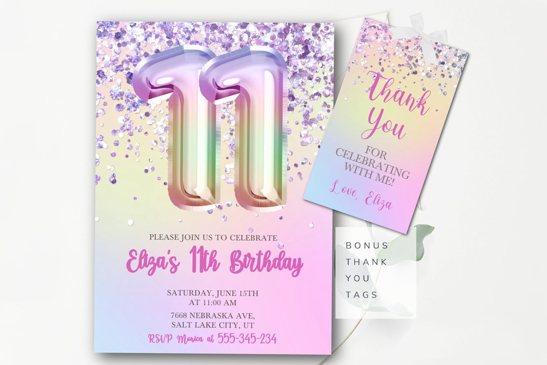 Girls 11th Birthday Invitation Editable Glitter Birthday Invitation ...