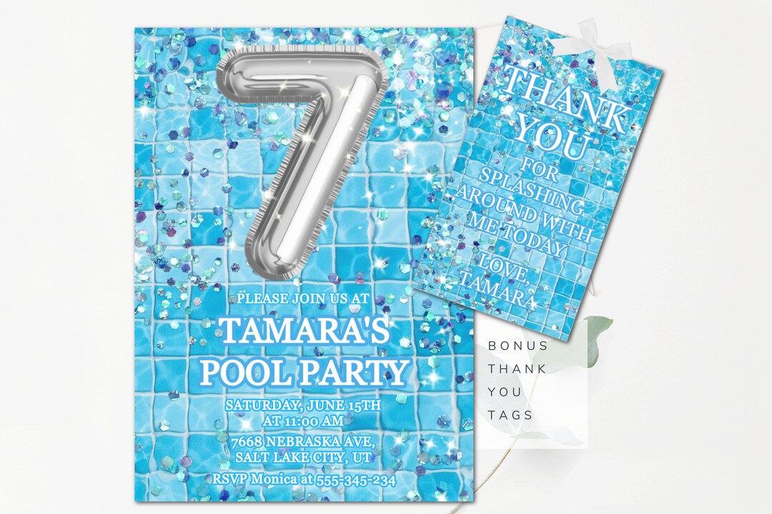 Editable Girls 7th Birthday Pool Party Invitation Template Swimming ...