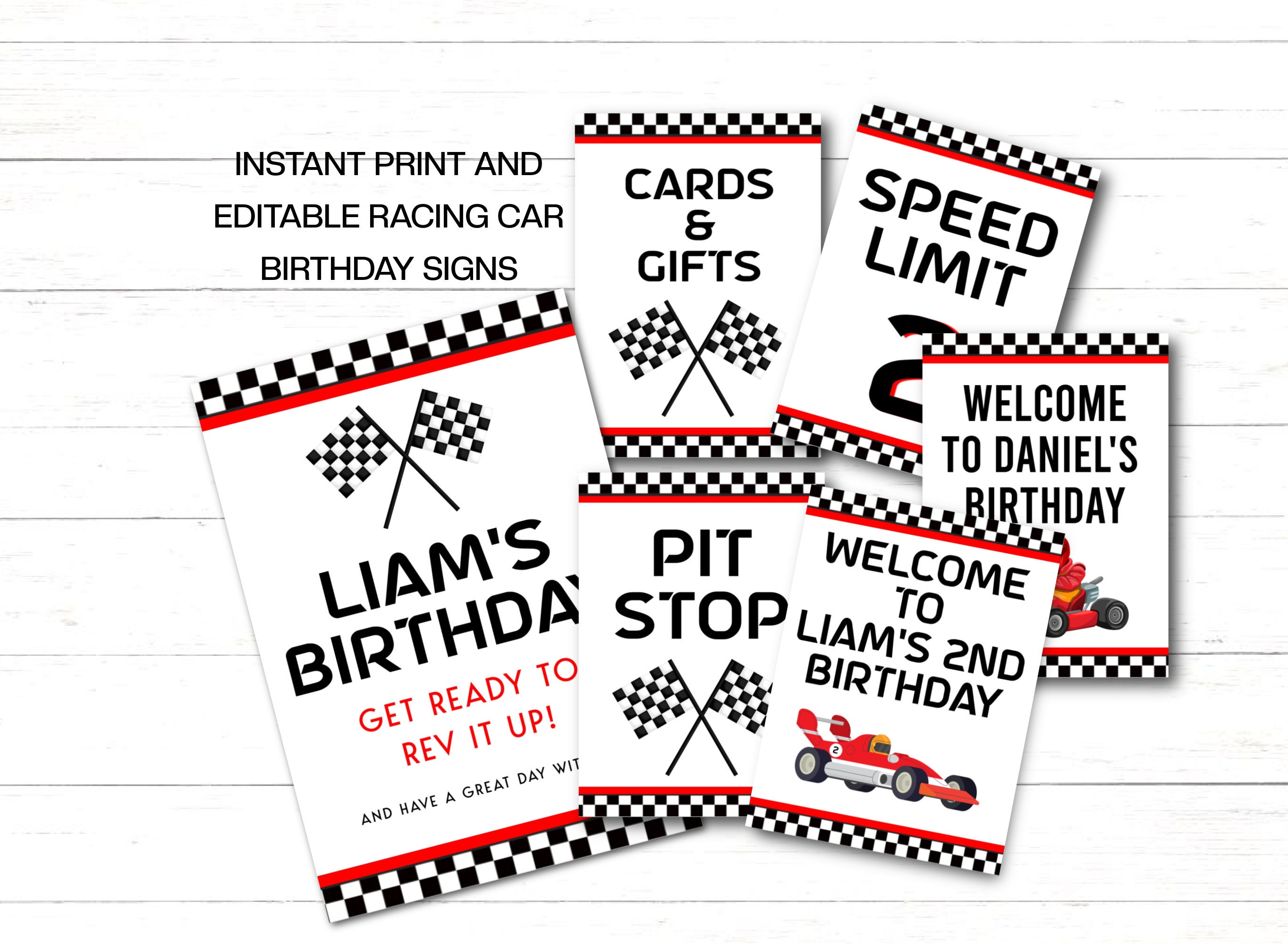 Editable Racing Birthday Signs, Printable Car Race Party Signs X 6 to ...