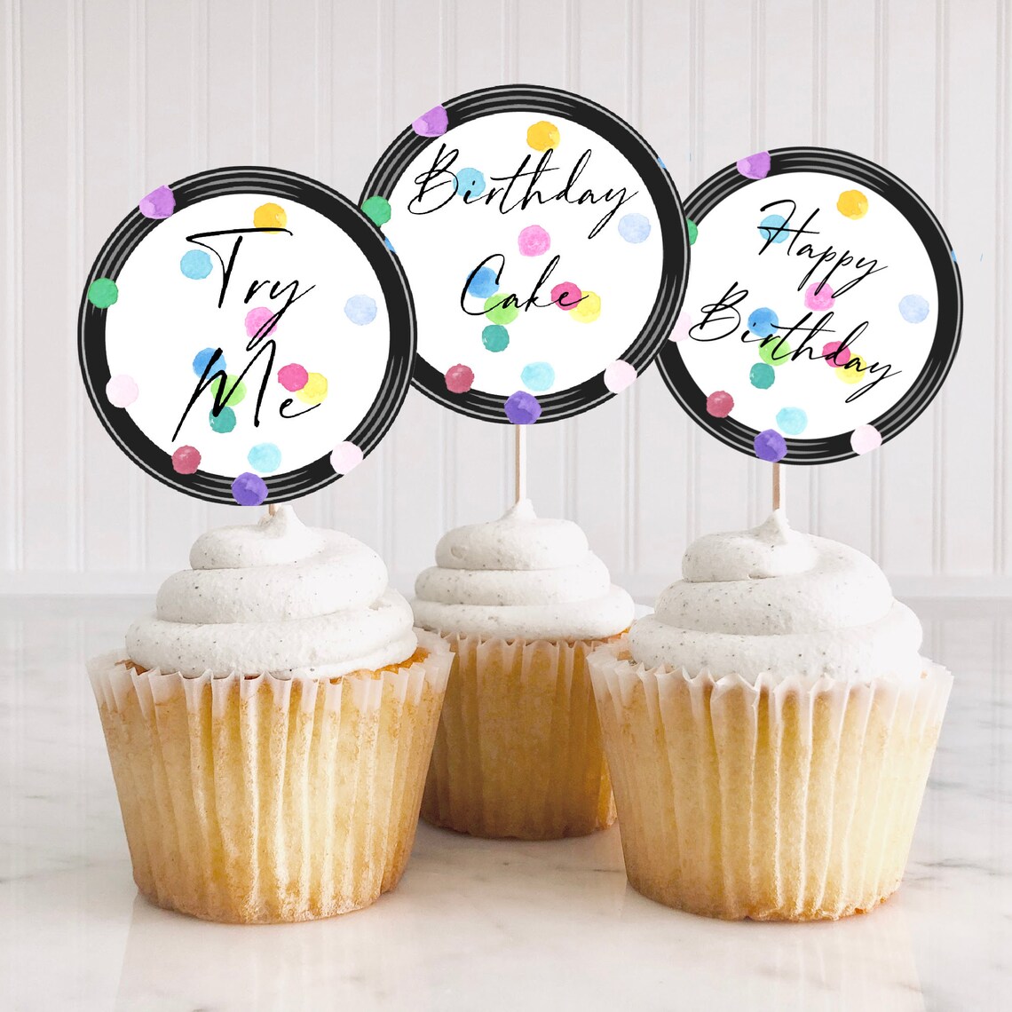 Cupcake Toppers for Instant Printing, Rainbow Confetti Cupcake Toppers ...